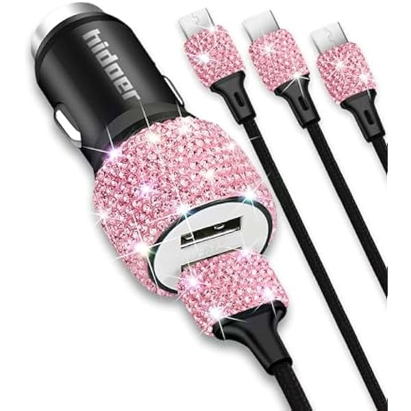 0829 Bling USB Car Charger 5V 2.4A Pink Crystal Decor Dual Port Fast ...
