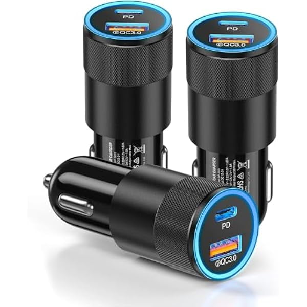0829 Car Charger USB C 3-Pack, '' 38W Dual Port PD + QC 3.0 Car Charger Adapter Fast Charging ...