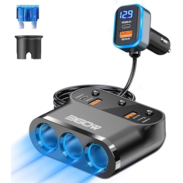 0829 Cigarette Lighter Splitter Adapter 360W: Car 12v Splitter 3 Socket ...