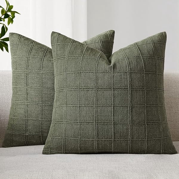 0829 Linen Check Throw Pillow Covers Set of 2 - Olive Green Farmhouse ...