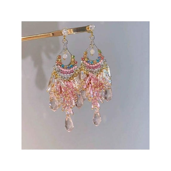 09 2977 Pink Tassel Earrings Pink Tassel Chandelier Dangle Earrings ...
