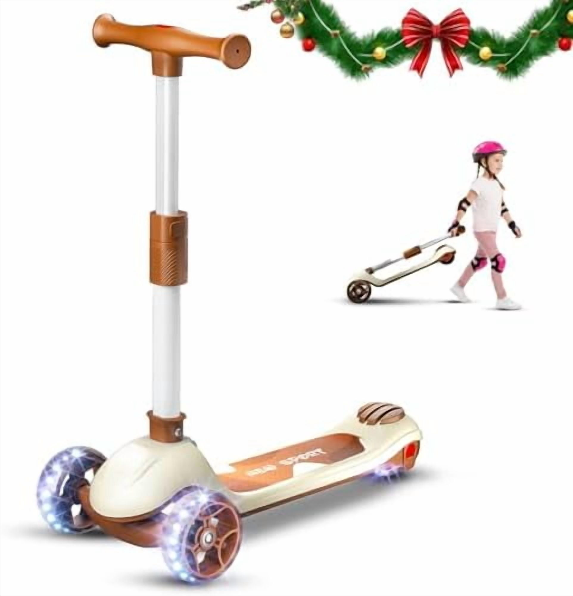 090B Brown Kick Scooter for Kids Ages 3-14,3-Wheel Foldable Scooter ...