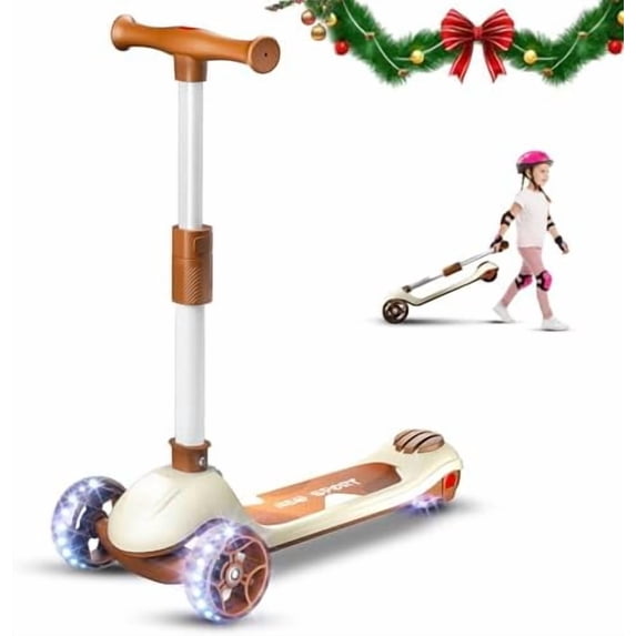 090B Brown Kick Scooter for Kids Ages 3-14,3-Wheel Foldable Scooter ...