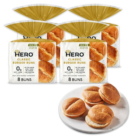 Hero Classic Burger Buns, Low Net Carb, No Added Sugar, 90 Calories, 4 ...