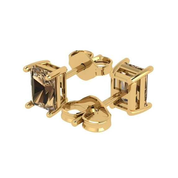 1.0 Ct Emerald Cut Studs Champagne Crystal 18K Yellow Solid Gold ...