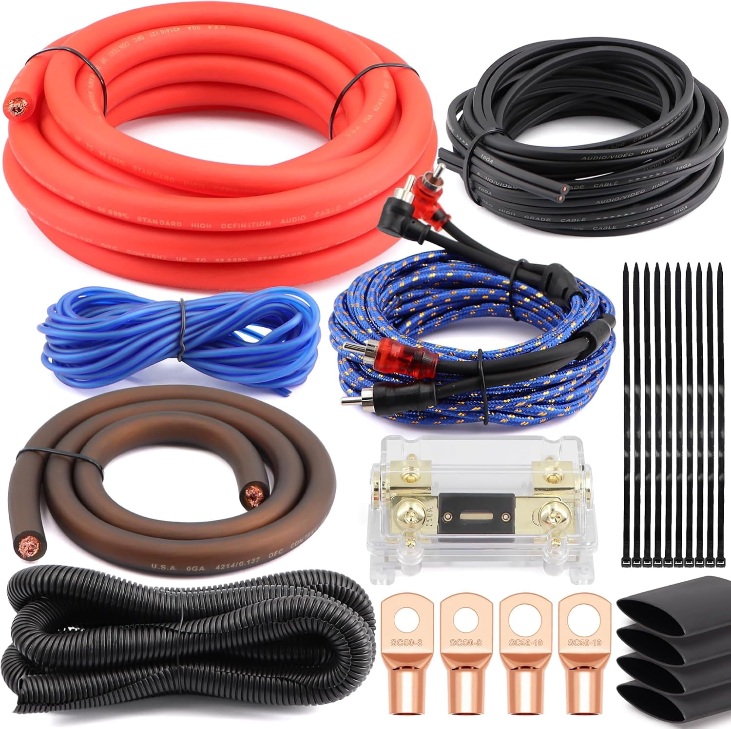 1/0 Gauge (0 AWG) Pure OFC Amplifier Wiring Kit 6000W - Heavy Duty Car ...