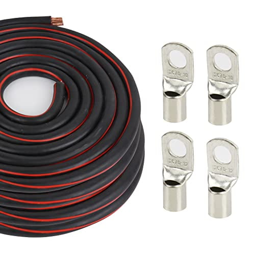 1/0 Gauge Battery Cable - 25 Feet Black with M10, M12 SC Lugs - Car ...