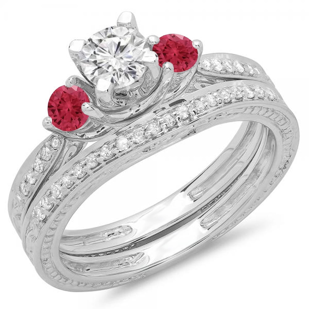 1.00 Carat (ctw) 10K White Gold Round Red Ruby & White Diamond Ladies ...