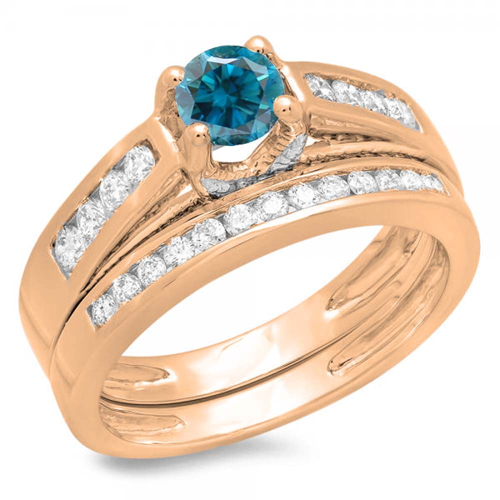 1.00 Carat (ctw) 14K Rose Gold Round White & Blue Diamond Ladies ...