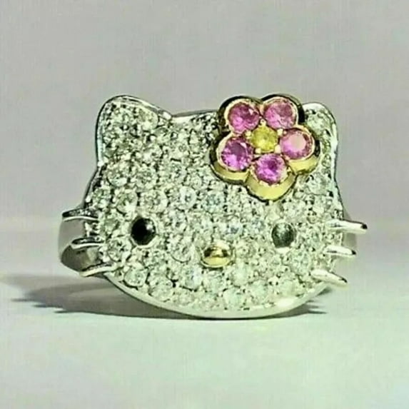 1.00 TCW Round Cut Lab-Created Pink Sapphire & Diamond Hello Kitty Ring 925 Silver - Walmart.com