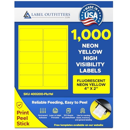 1,000 Label Outfitters Fluorescent Neon Yellow Laser Inkjet High ...