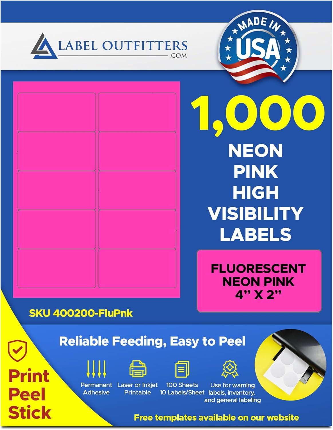 1,000 Label Outfitters Printable Fluorescent Neon Pink Inkjet Laser ...