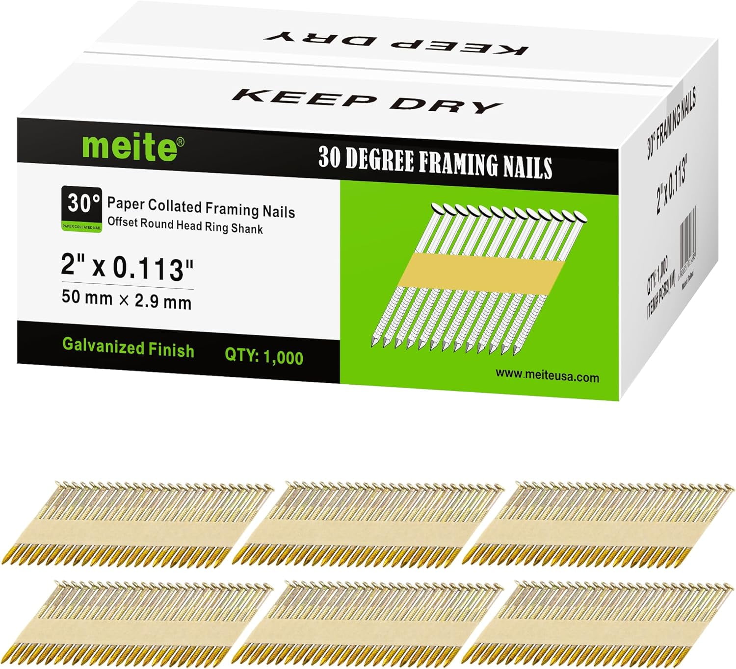 1,000 PCS MEITE 30 Degree Framing Nails 2-Inch x .113 Inch, Ring Shank ...