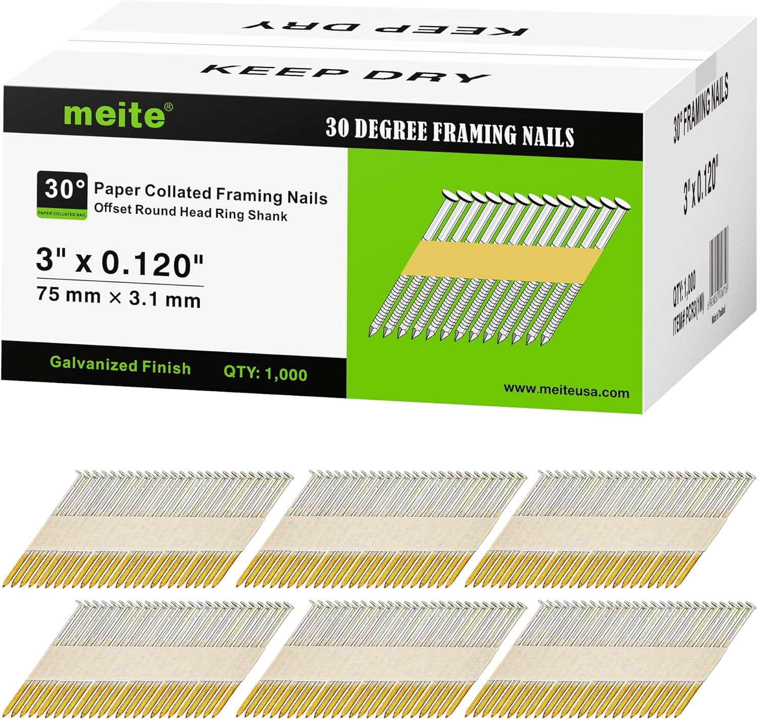 1,000 PCS MEITE 30 Degree Framing Nails 3-Inch x .120-Inch, Ring Shank ...
