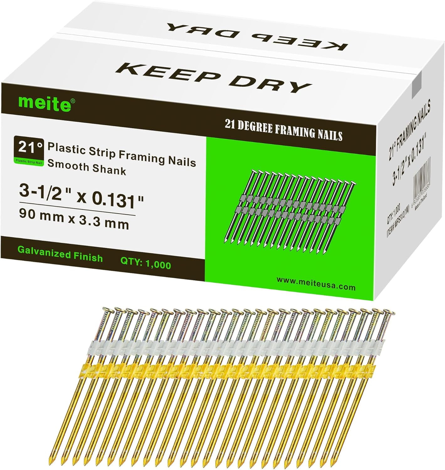 1,000 PCS MEITE Framing Nails, 21 Degree 3-1/2" X 0.131", Round Head ...