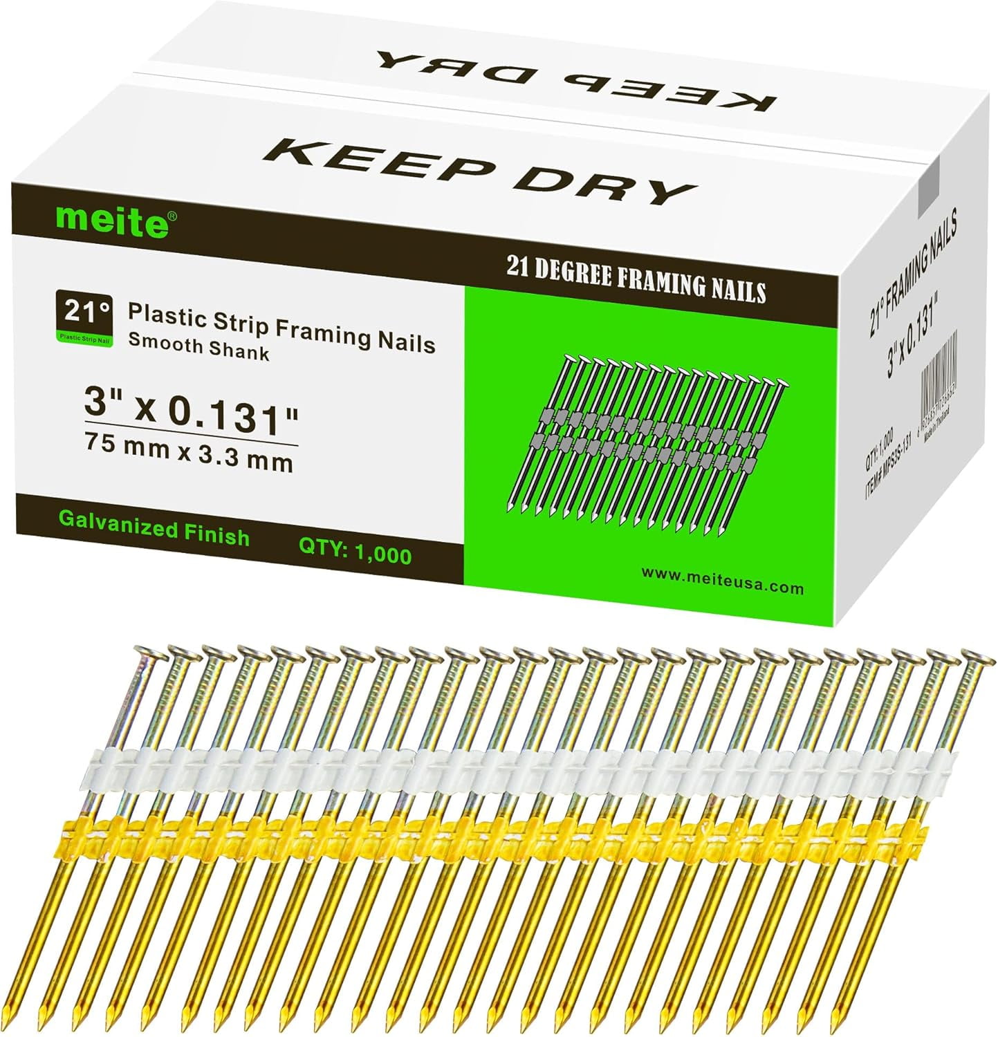 1,000 PCS MEITE Framing Nails, 21 Degree 3" X 0.131", Round Head ...