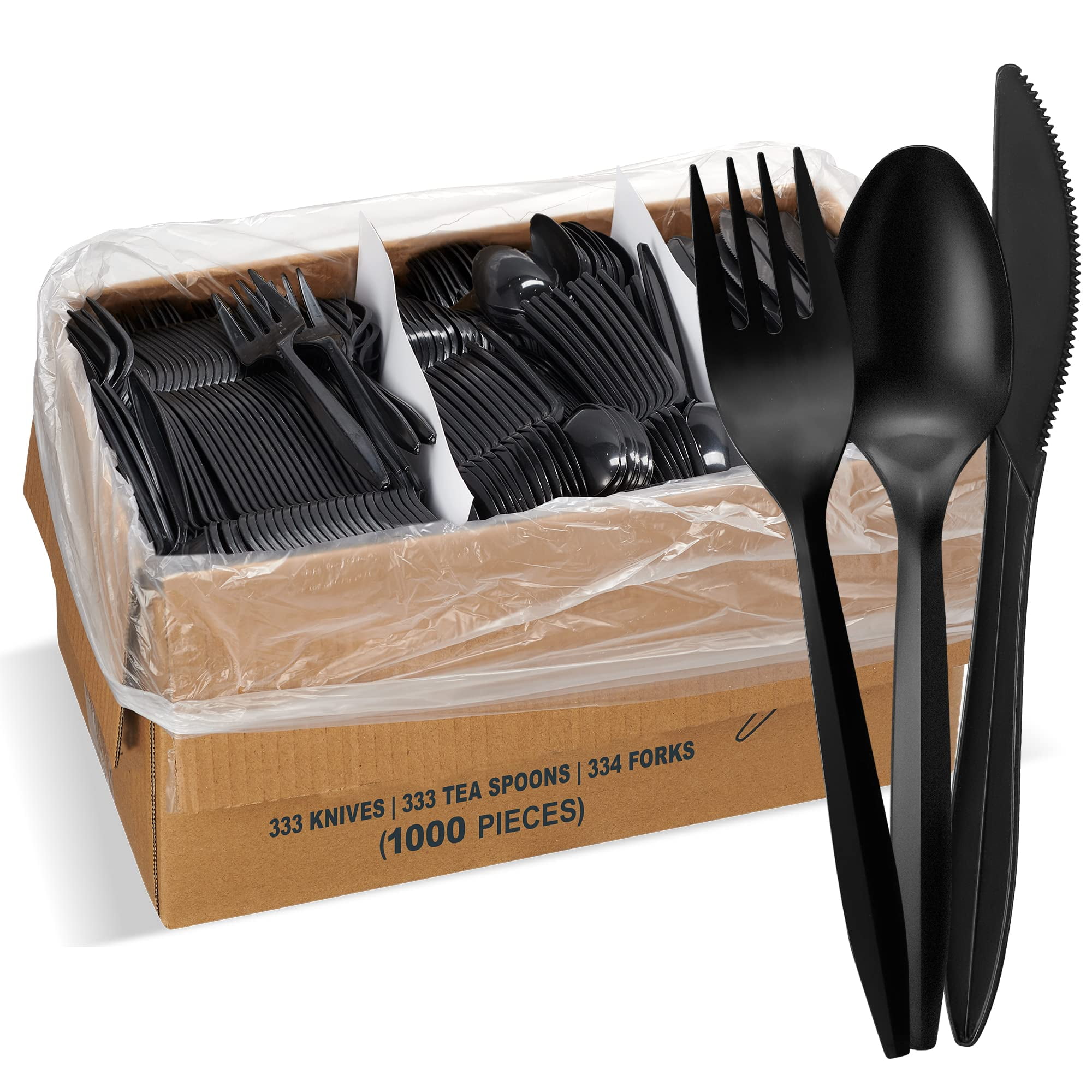 1,000 Plastic Disposable Cutlery DEF29 Bulk Variety Pack Black Medium Weight Includes 334 forks ...