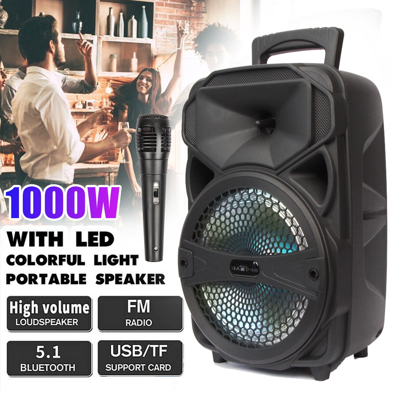 1,000W 8" Woofer Bluetooth FM Portable Speaker Stereo Sound W/ USB TF ...
