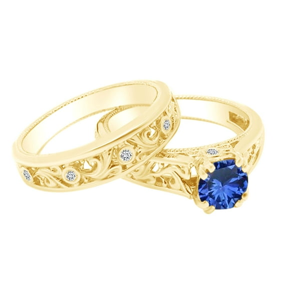 AFFY 1.03 Carat Round Simulated Blue Sapphire & Natural Diamond ...