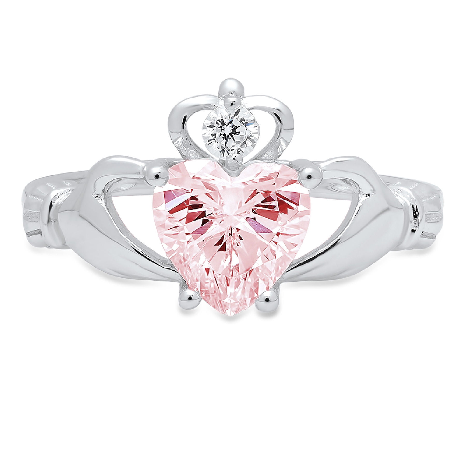 1.05 ct Heart Cut Simulated Pink Diamond Claddagh 18K White Gold Womens ...