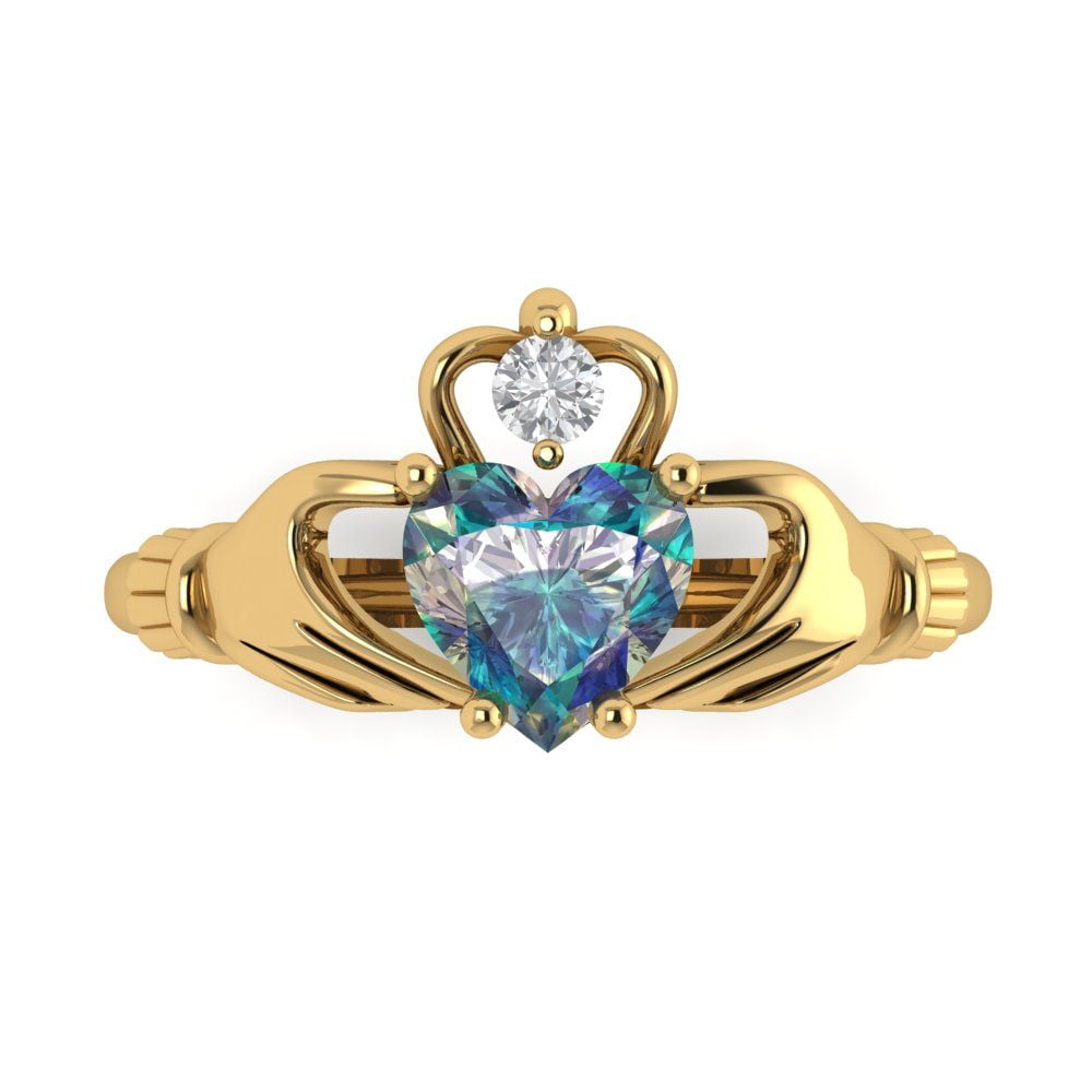 1.06 ct Heart Cut Blue Moissanite Claddagh 18K Yellow Gold Womens ...