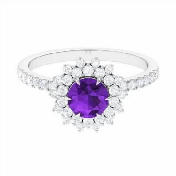 1.08ct Solitaire Round Cut Solitaire Amethyst Flower Ring 925 Sterling Silver Promise Ring for ...