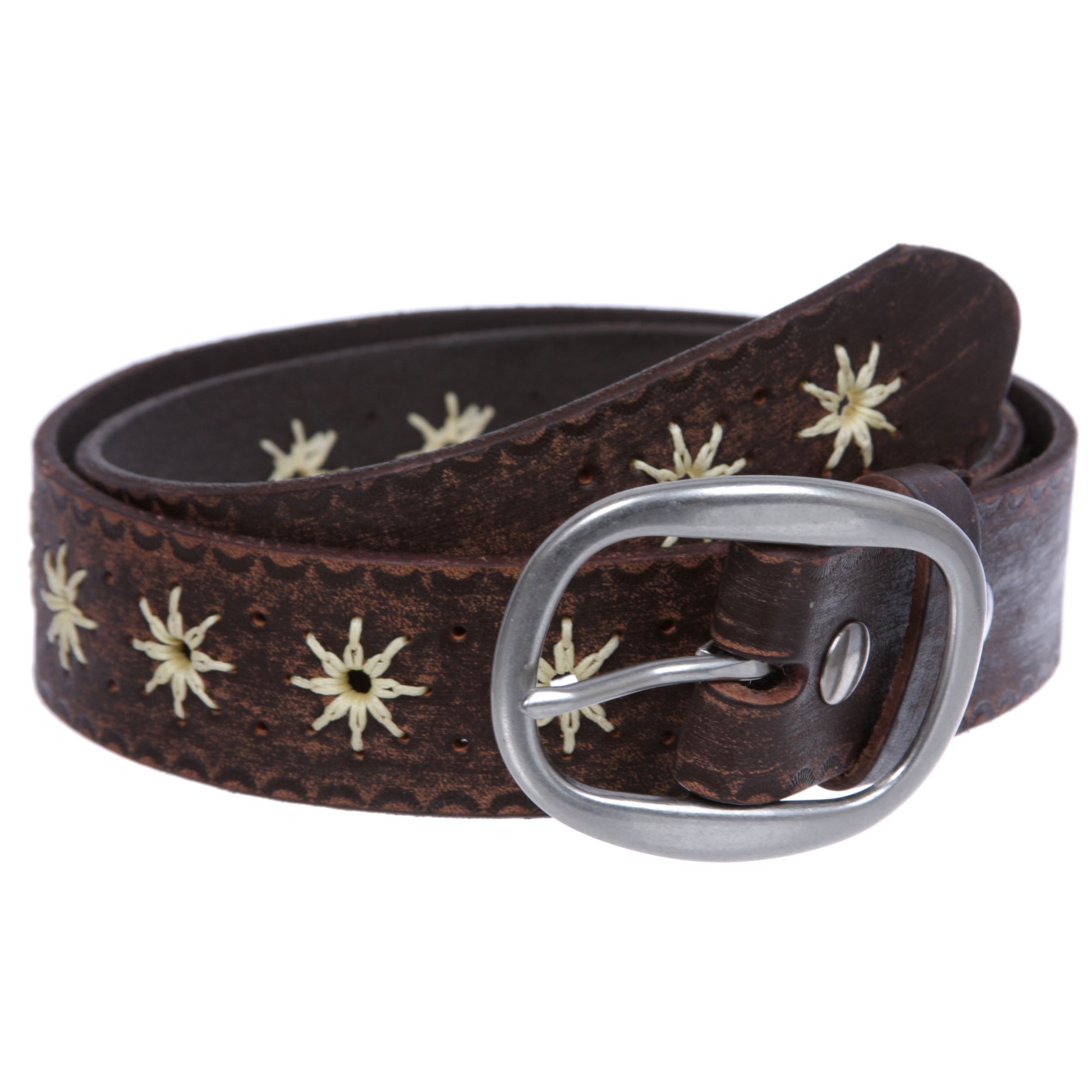1 1/2" (38 mm) Snap on Flower Embossed Vintage Leather Oval Jean Belt ...