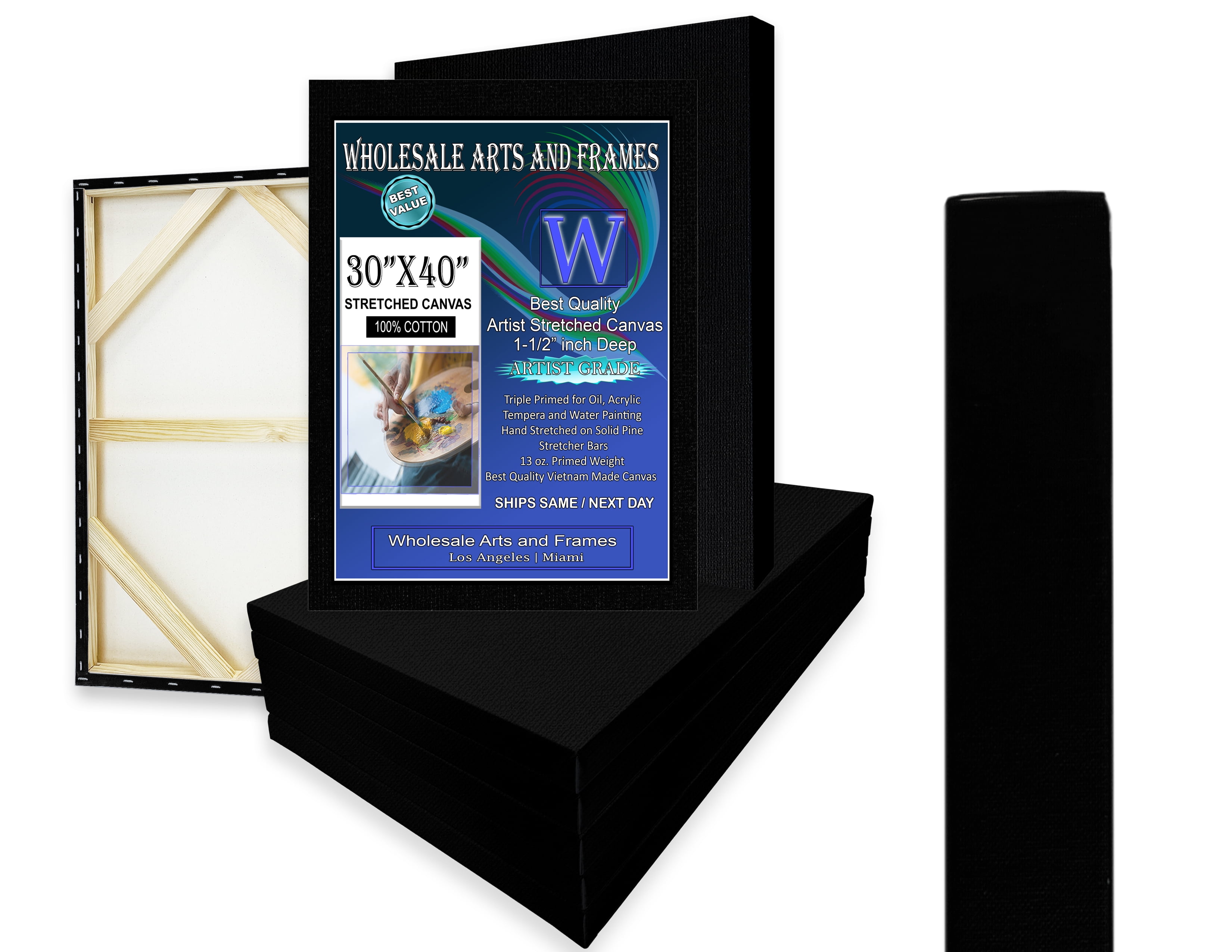 1-1/2" Gallery Depth Black Stretched Canvas 30x40 5 Pack 13oz ...