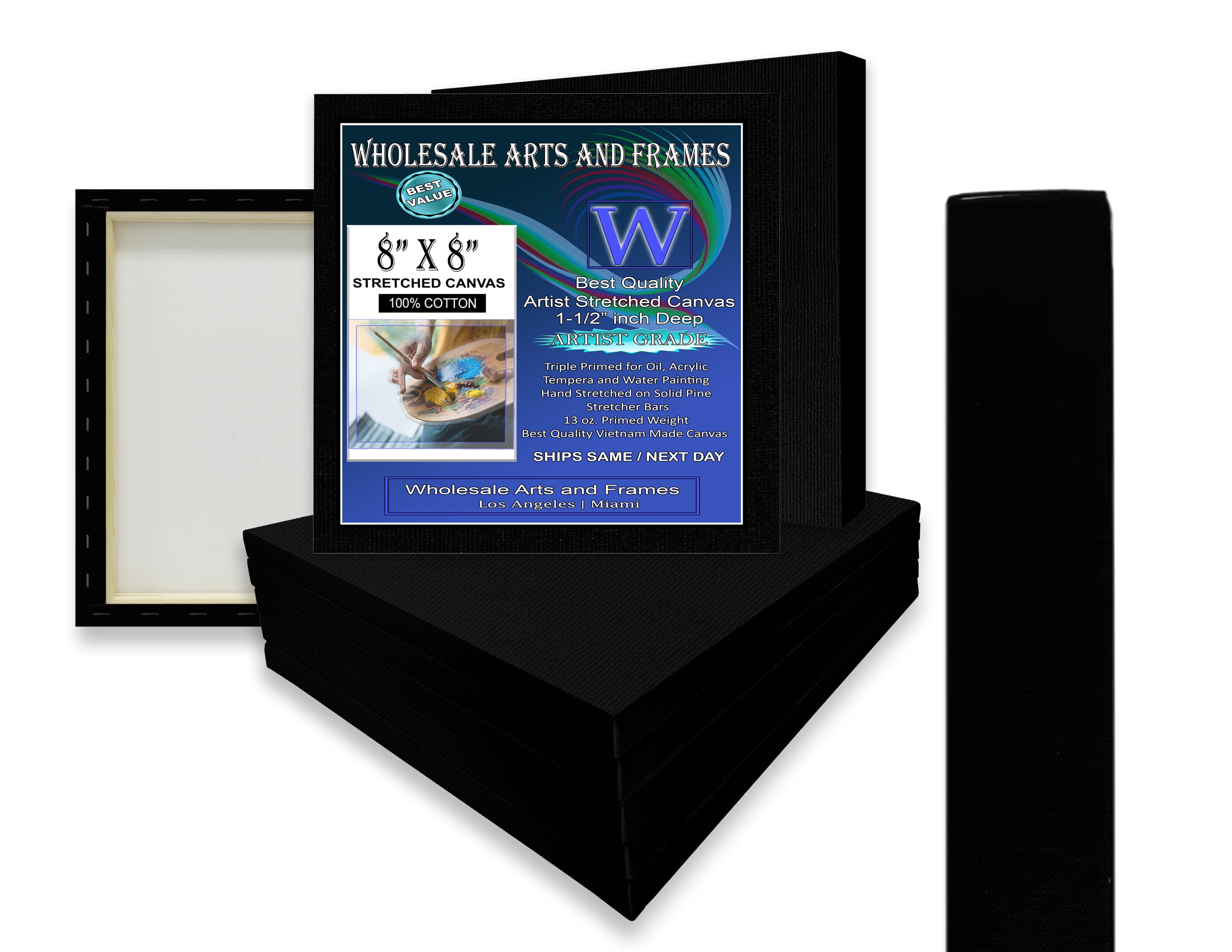 1-1/2" Gallery Depth Black Stretched Canvas 8X8 5 Pack 13oz ...