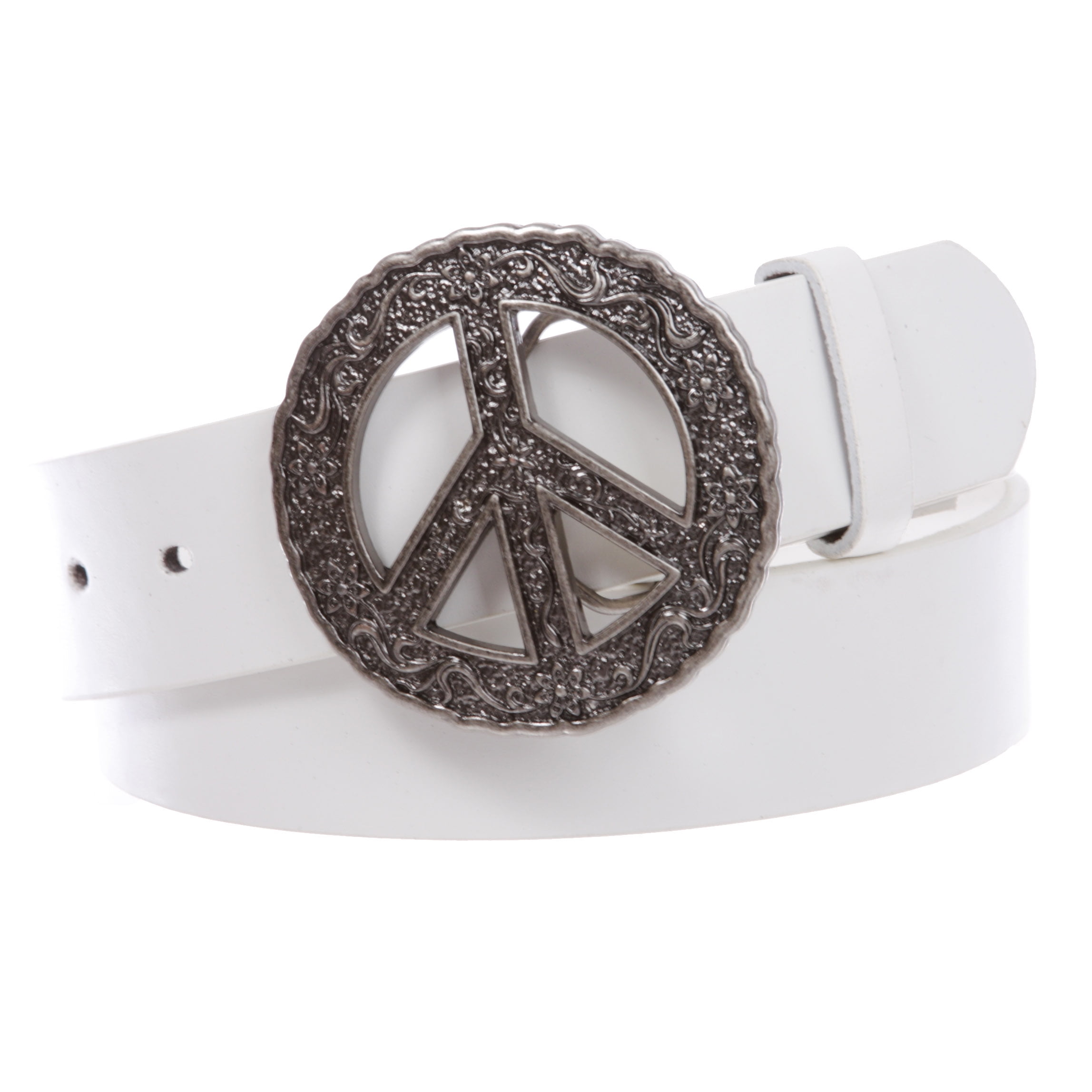 1 1/2" Snap On Belt With Round Perforated Floral Engraving Peace Sign ...