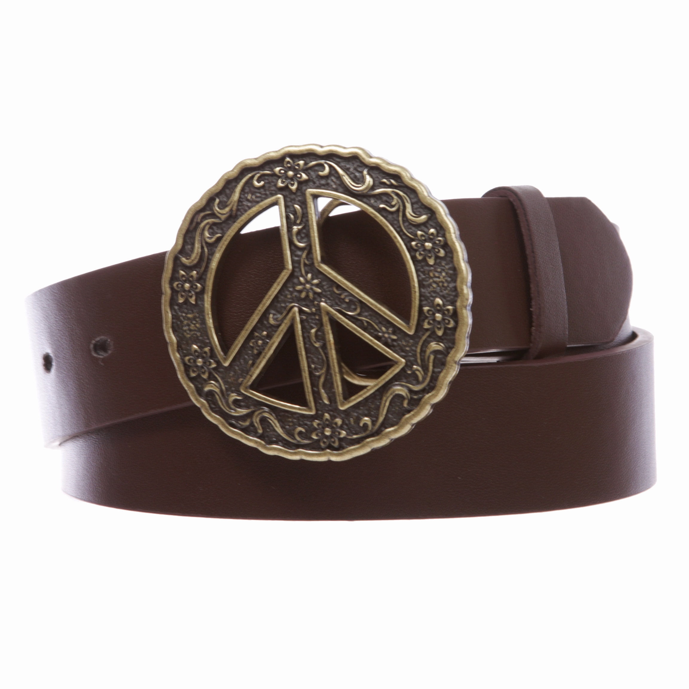 1 1/2" Snap On Belt With Round Perforated Floral Engraving Peace Sign ...