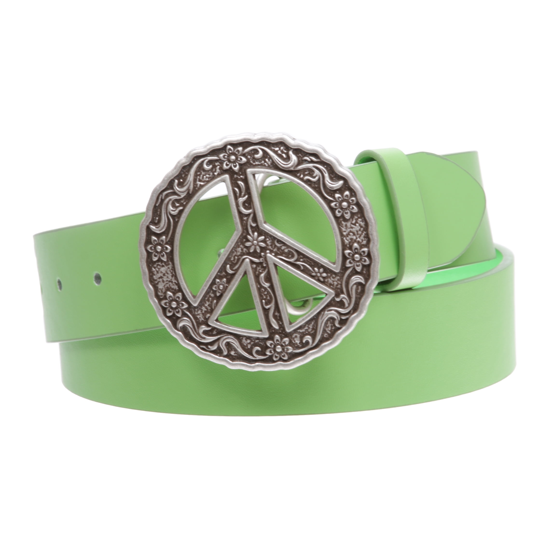 1 1/2" Snap On Belt With Round Perforated Floral Engraving Peace Sign ...