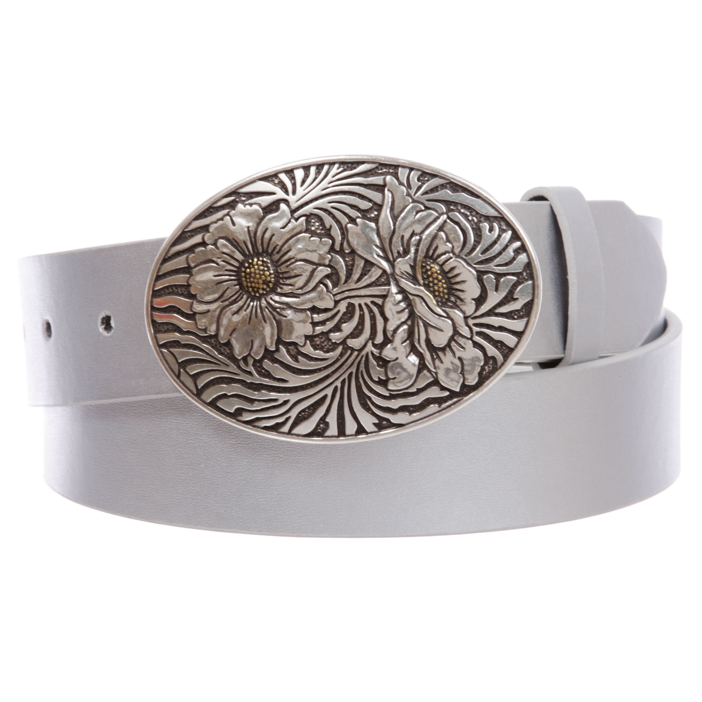1 1/2" Snap On Oval Sunflower Engraving Buckle With Leather Belt ...