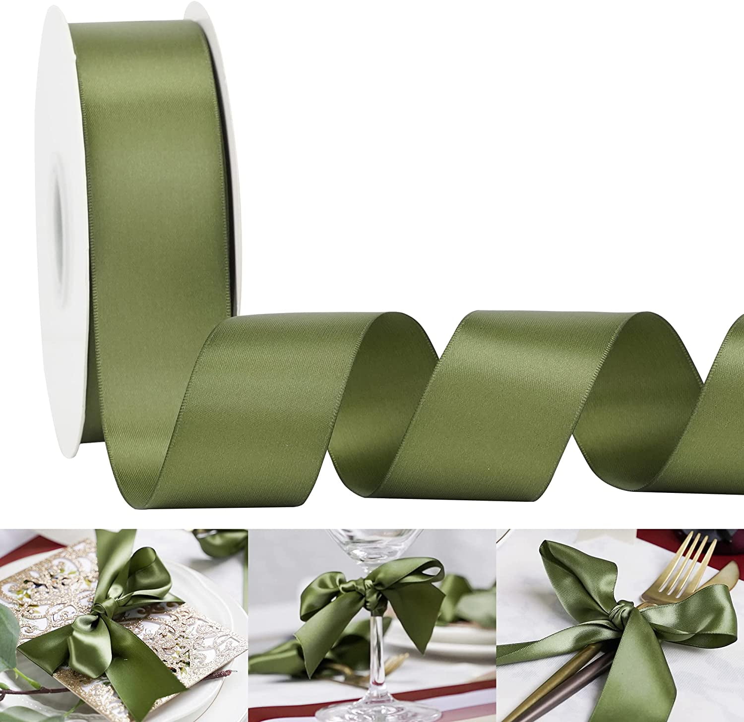 1-1/2 inch Double Face Satin Ribbon, Polyester Moss Green Ribbon 50 ...