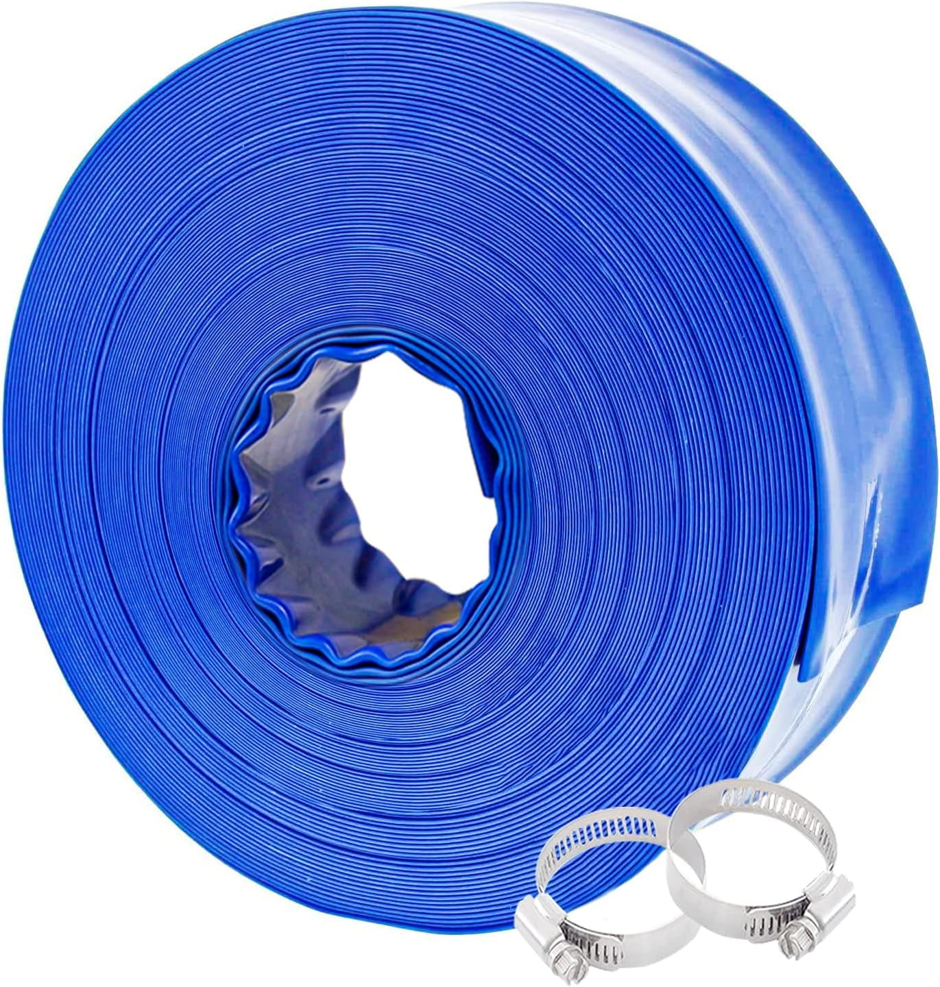 1-1/2" x 100' Professional Blue Backwash Hose with Clamps, General Purpose Reinforced PVC Lay ...