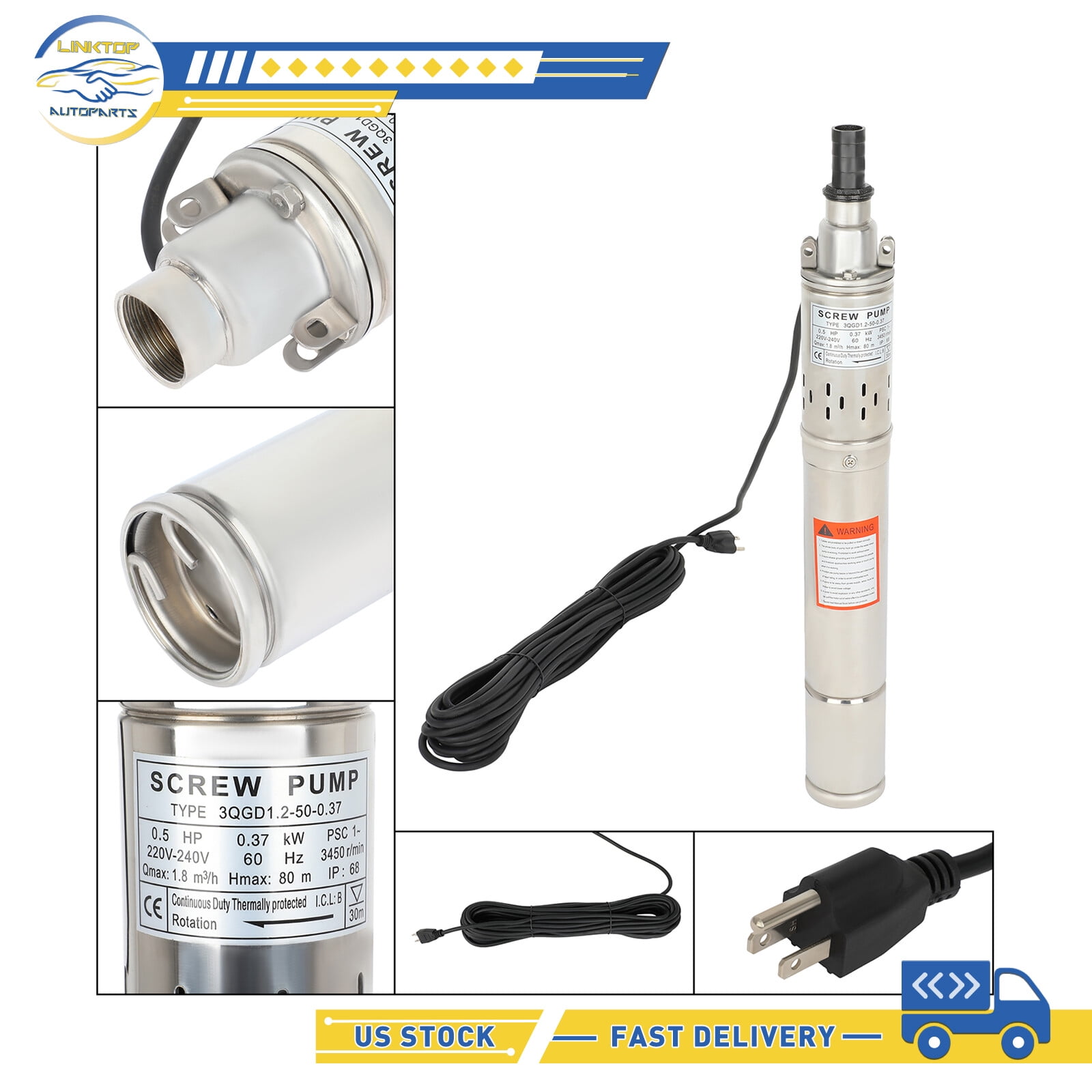 1" 1/2Hp Screw Pump Water Submersible Deep Well Pump Stainless Steel ...
