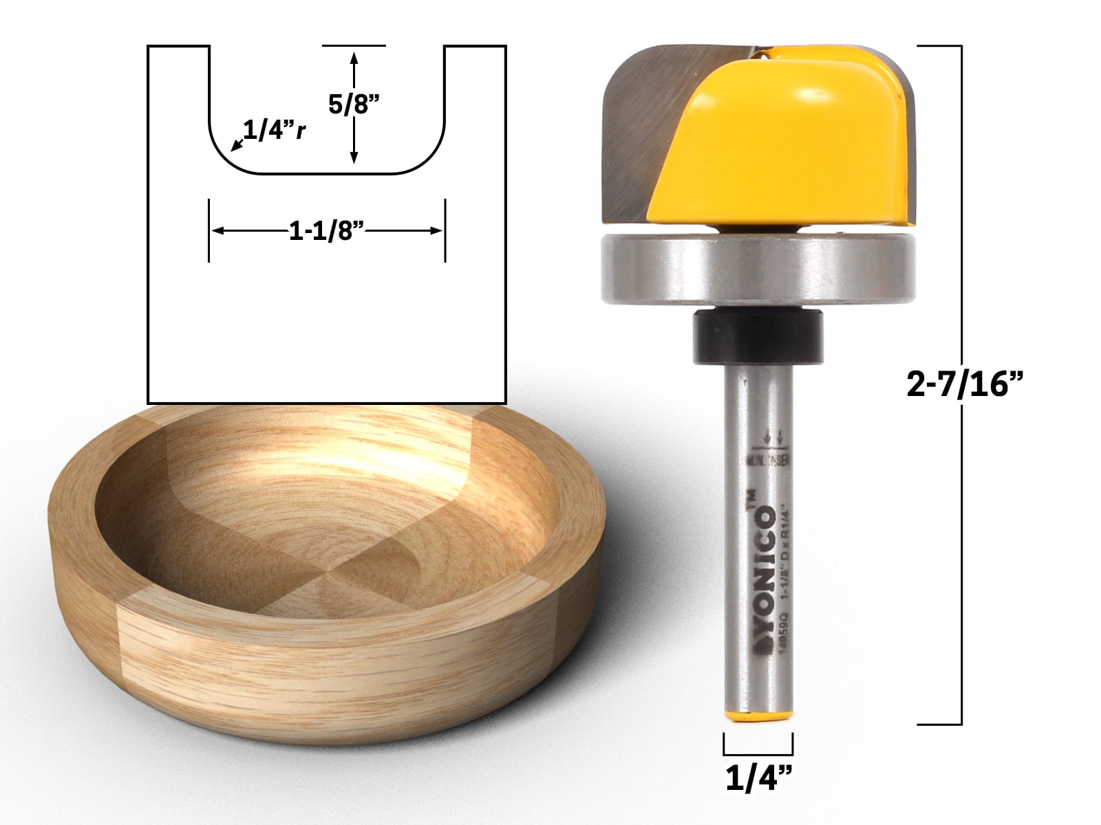 1-1/8" Diameter Bowl & Tray Template Router Bit - 1/4" Shank - Yonico ...