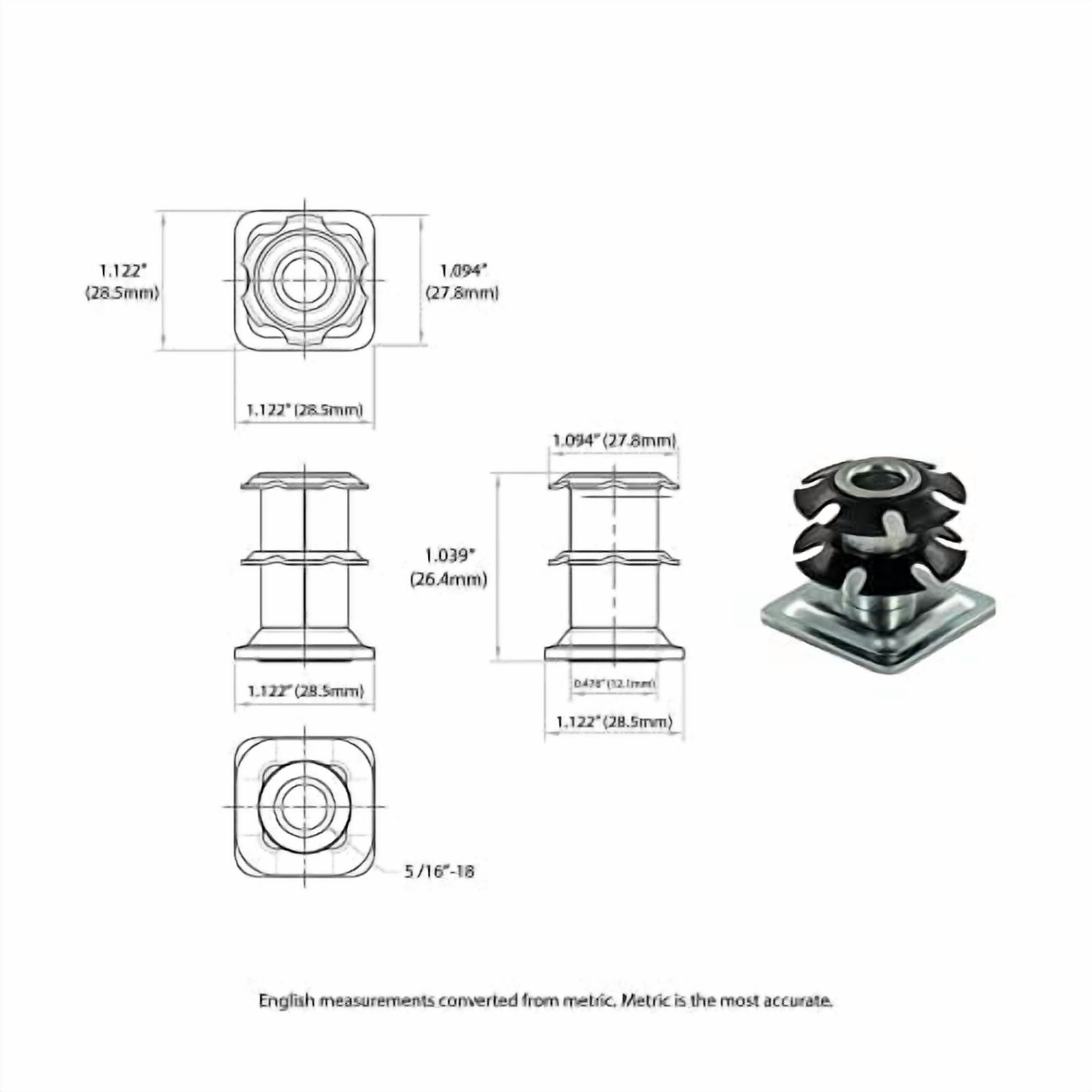 1-1/8" Square Metal Double Star Caster Insert | 5/16-18 Threaded Stem ...