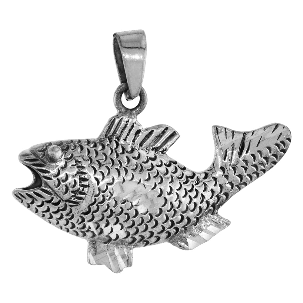 1 1/8 inch Sterling Silver Bass Fish Necklace Diamond-Cut Oxidized ...