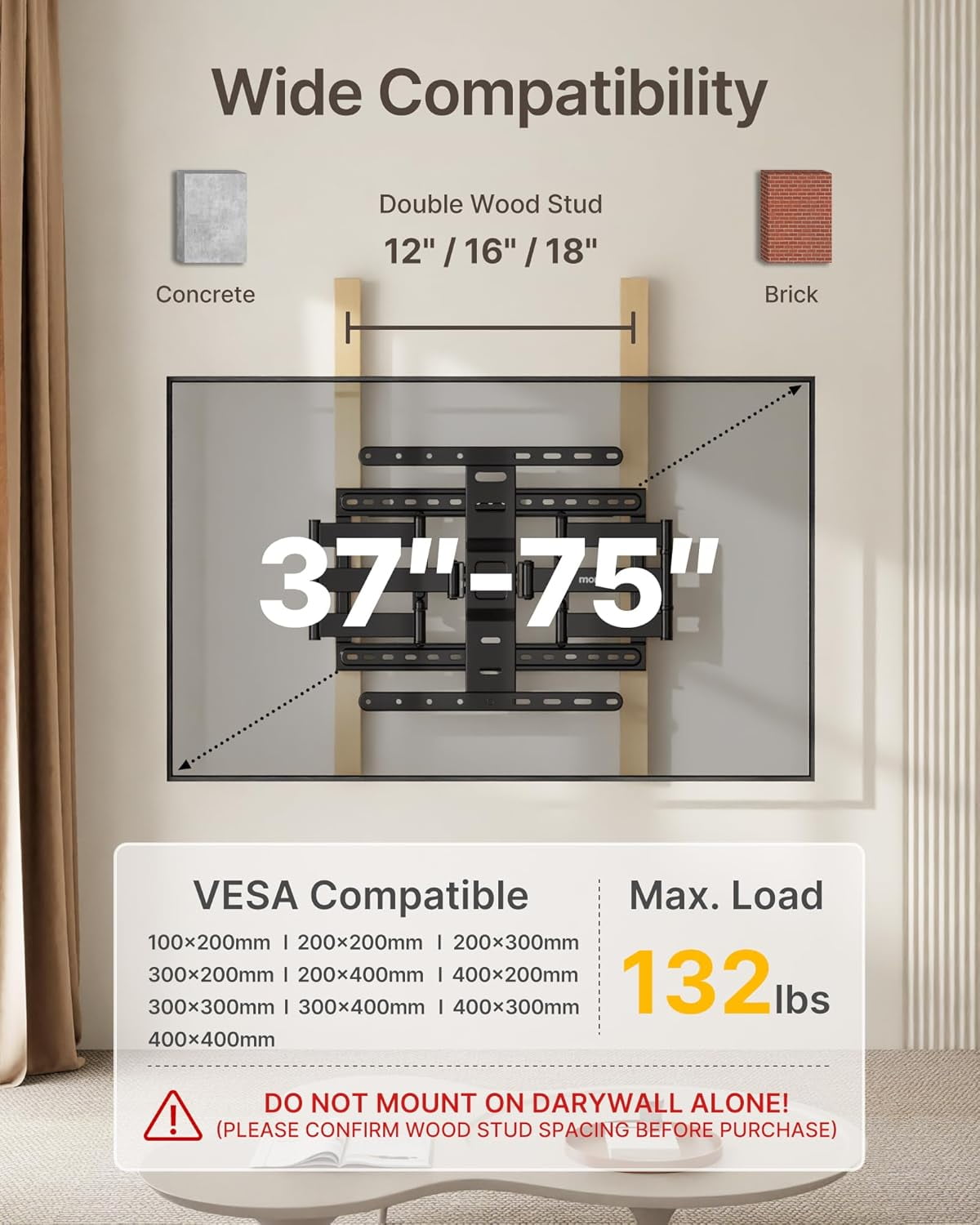 1.1" Ultra Slim TV Wall Mount for 37-75 Inch TVs, 132lbs Heavy Duty, 4X ...