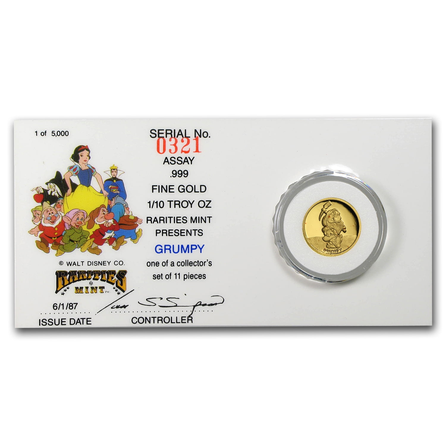 1/10 oz Gold Round - Disney Snow White 50th Anniv (Grumpy) - Walmart.com