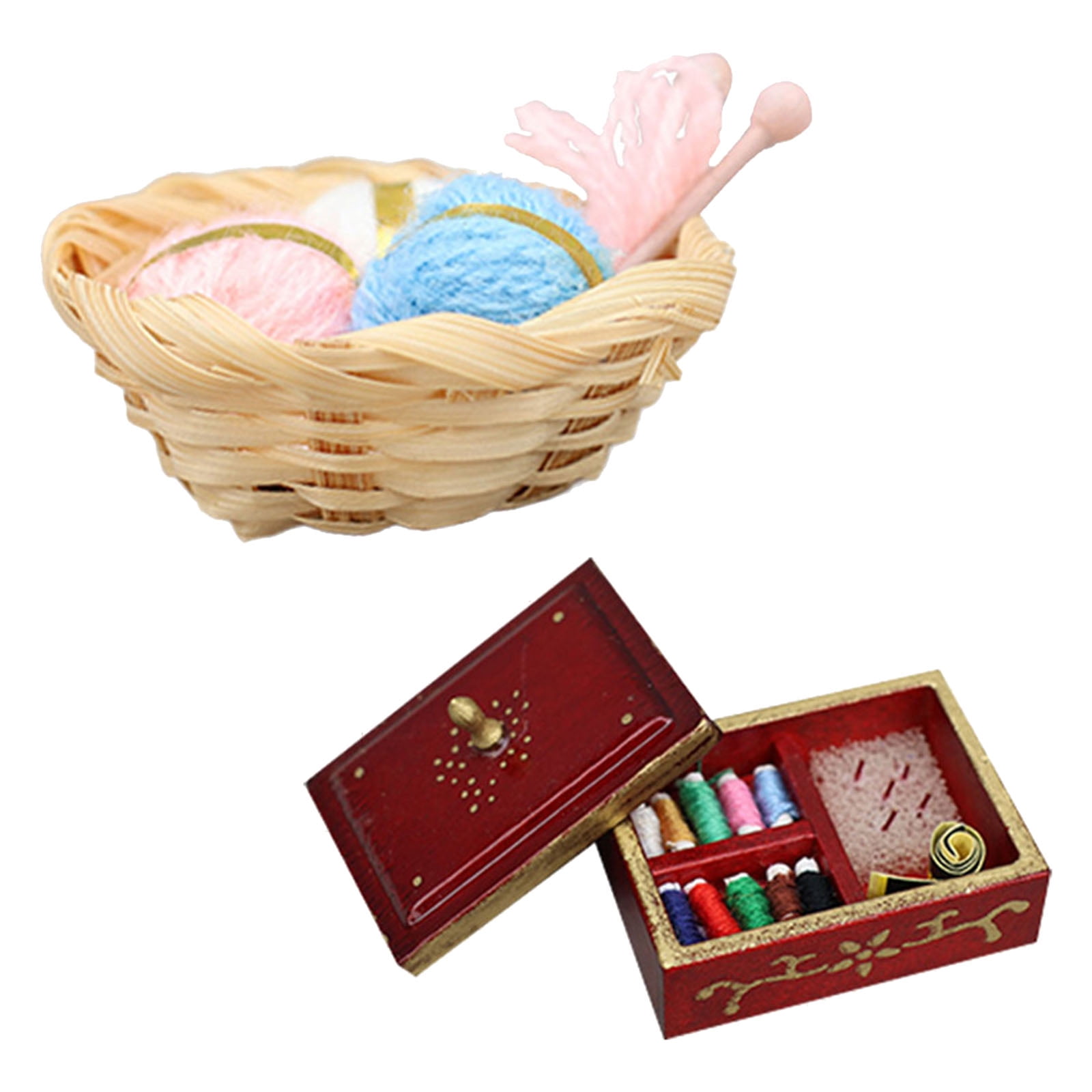 1/12 Realistic Miniature Sewing Box Model Yarn Roll Bakset Set For ...