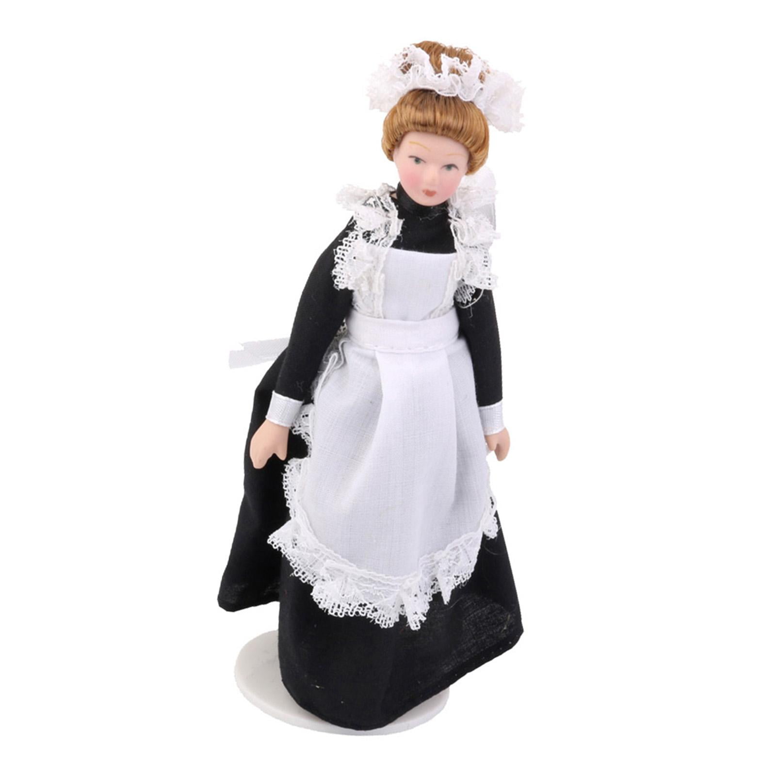 1:12 Scale Porcelain Maid Servant in Black Dress Uniform Dollhouse ...