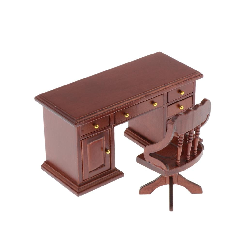 1:12 Scale Wooden Writing Desk & Chair Model Crafts, Drawers Can Be ...