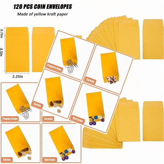1 120 Pcs Small Coin Envelopes 2.25 x 3.5 with Gummed Flap Yellow Kraft ...