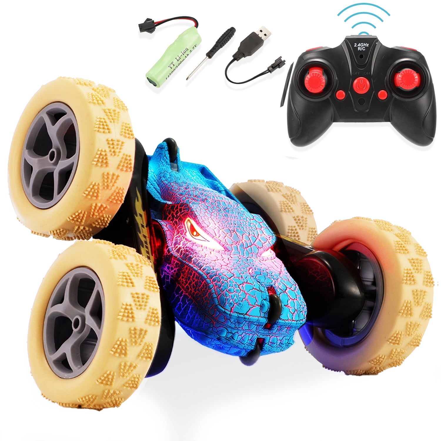 2.4Ghz Remote Control Car, Double Sided Stunt RC Cars with LED Light, 360° Rotating, All Terrain ...