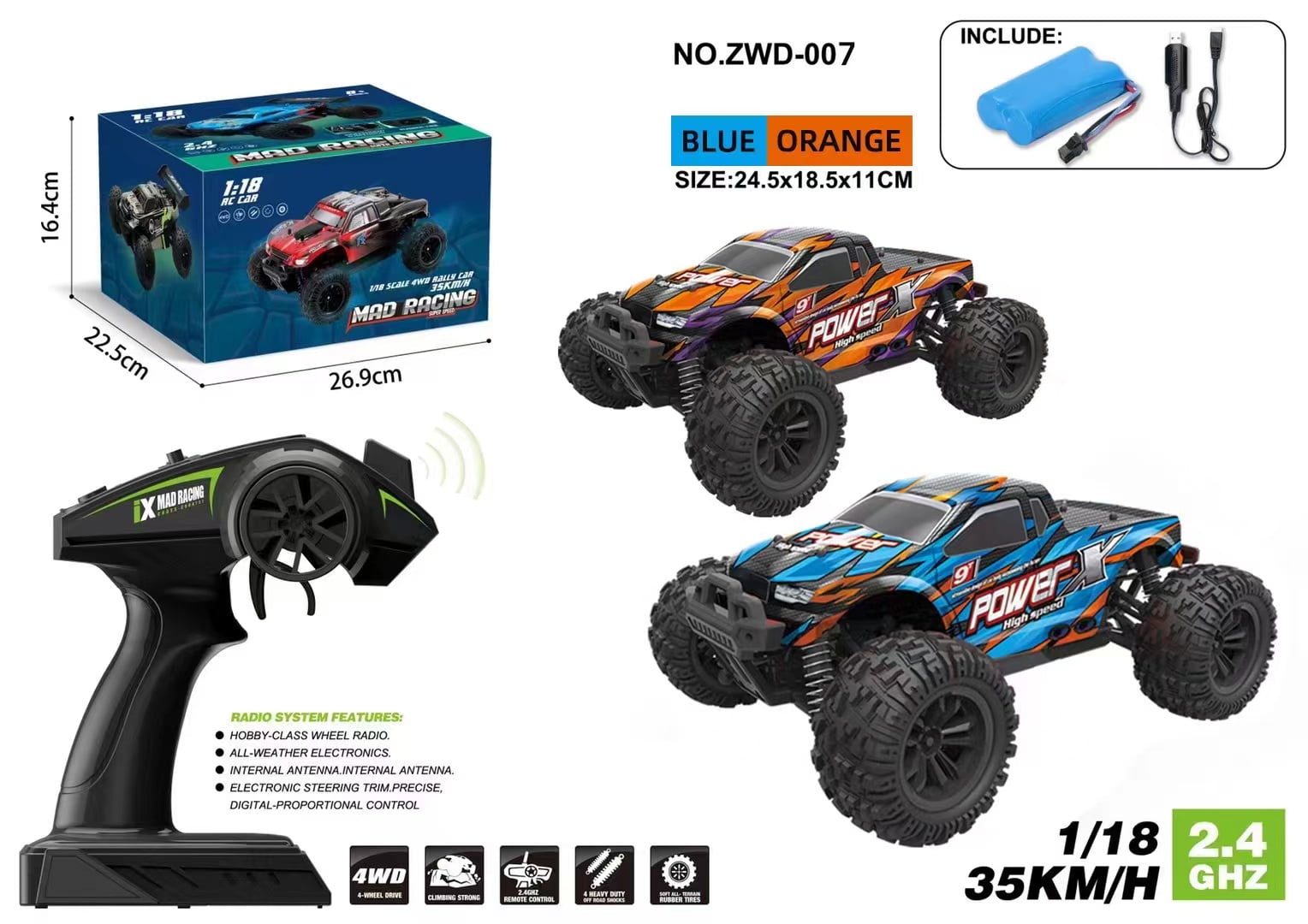 1:18 Scale All Terrain RC Car, 35 KPH High Speed 4WD Electric Vehicle with 2.4 GHz Remote ...