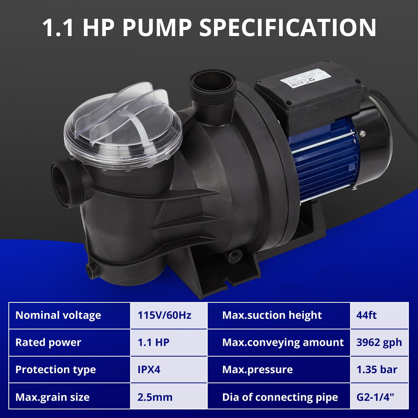 1.1HP In/Above Ground Single Speed Pool Pump,800W/115V, 3962GPH, High ...