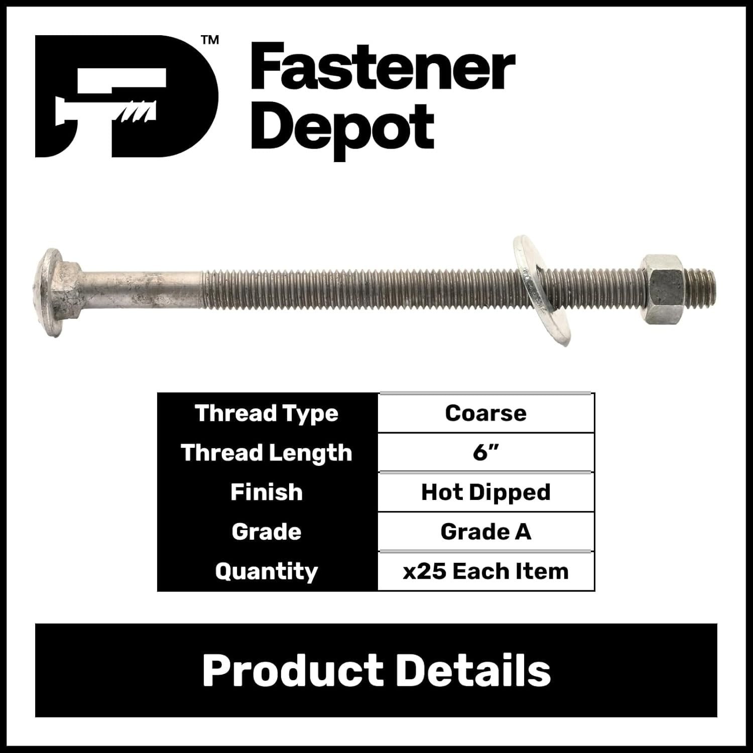 1/2”-13 x 8-1/2” Hot Dipped Galvanized Carriage Bolt Kit w/ Nuts ...