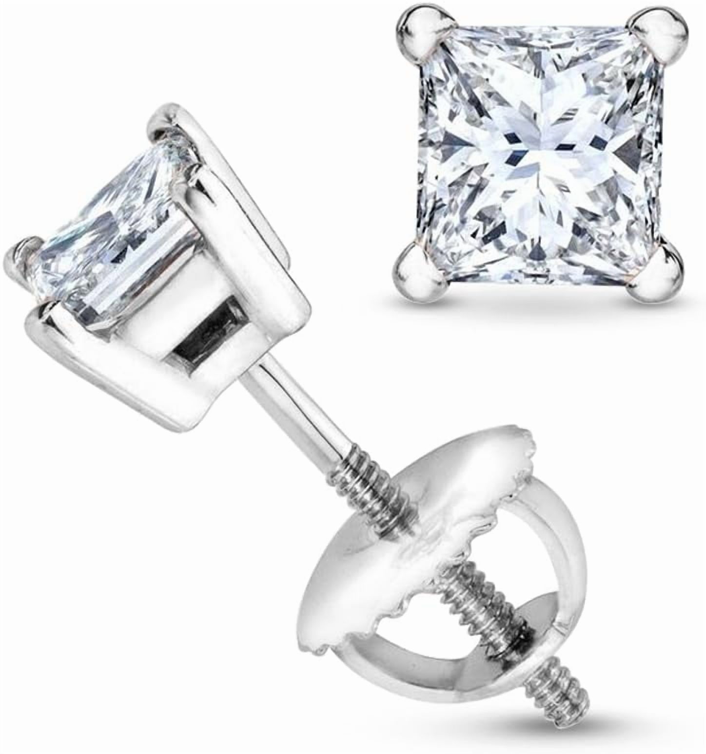 1/2-2 Carat Total Weight Princess Diamond Stud Earrings 4 Prong Screw ...